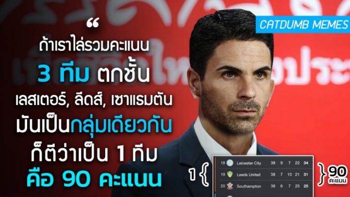 มิเคล อาร์เตต้า ถ้าไล่รวมคะแนน 3 ทีมตกชั้น เลสเตอร์ ลีดส์ เซาแธมตัน จนเป็นอันดับ 1 มี 90 คะแนน ...