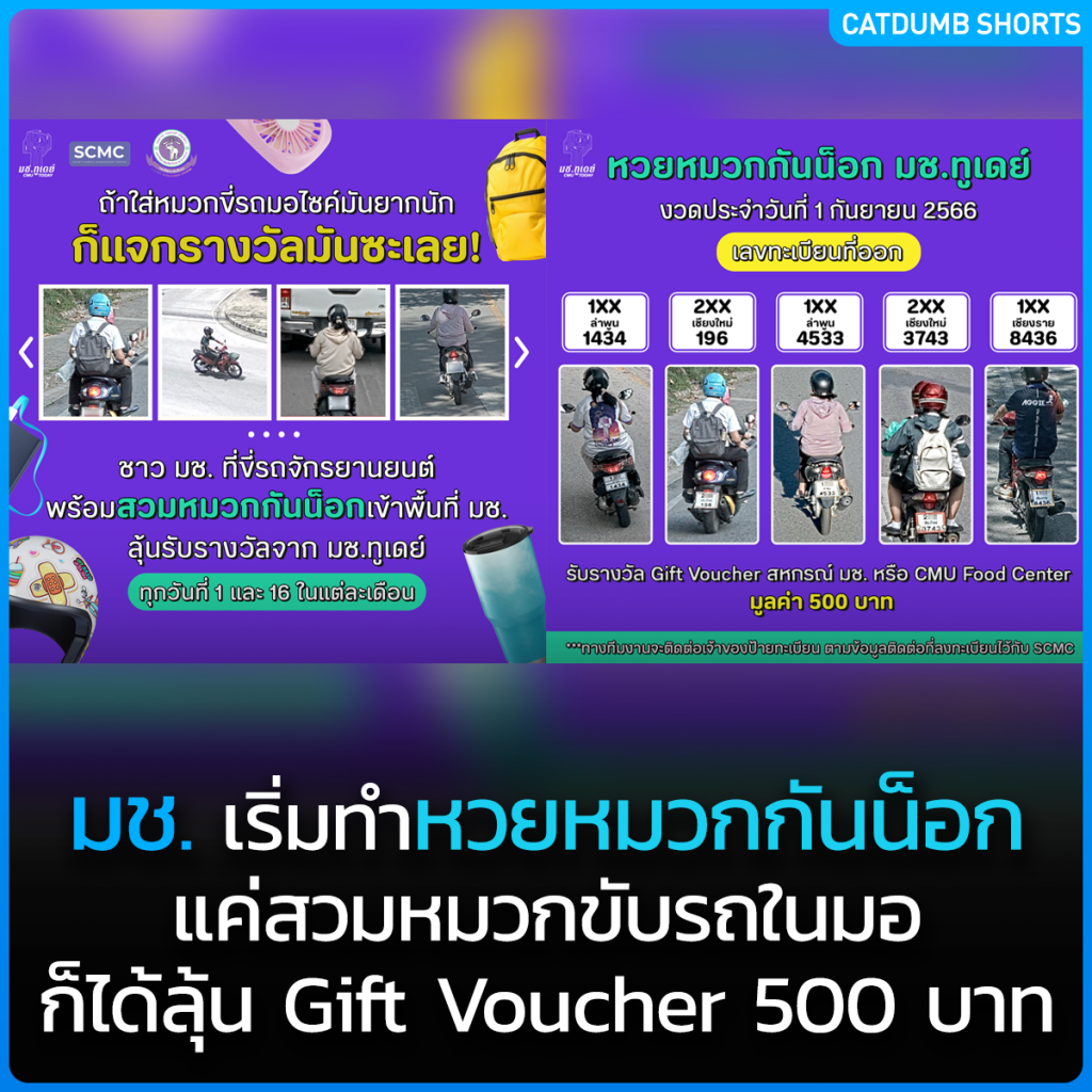 มช. เริ่มแล้ว หวยหมวกกันน็อก แค่สวมหมวกขับรถในมหาวิทยาลัย ก็ได้ลุ้น Gift Voucher 500 บาท ...