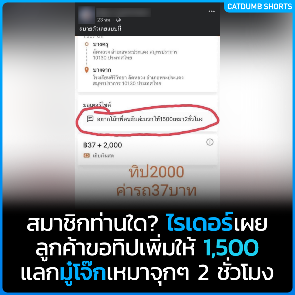 สมาชิกท่านใด? ไรเดอร์เผย ลูกค้าขอทิปเพิ่ม 2,000 แลกมู๋โจ๊กเหมาจุกๆ 2 ชั่วโมง – CatDumb – แคทด ...